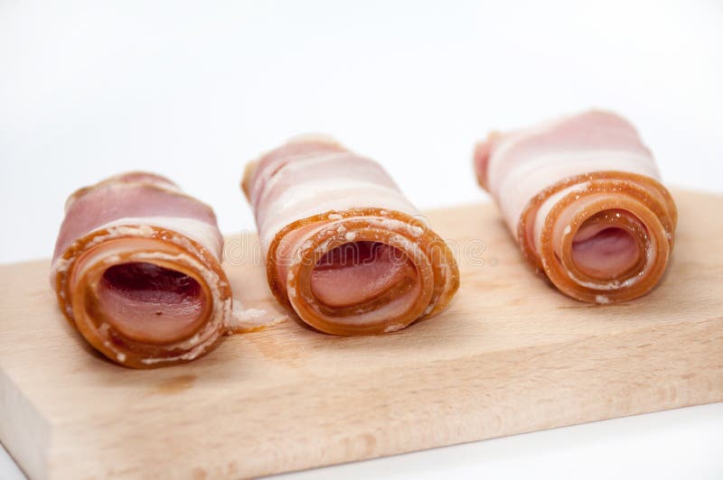 Rolled Bacon Slice Wooden Board Delicious Stock Photo - Image of ...