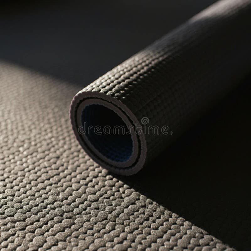 Rolled Black Yoga Mat with a Textured Surface, Displaying a Pattern of ...
