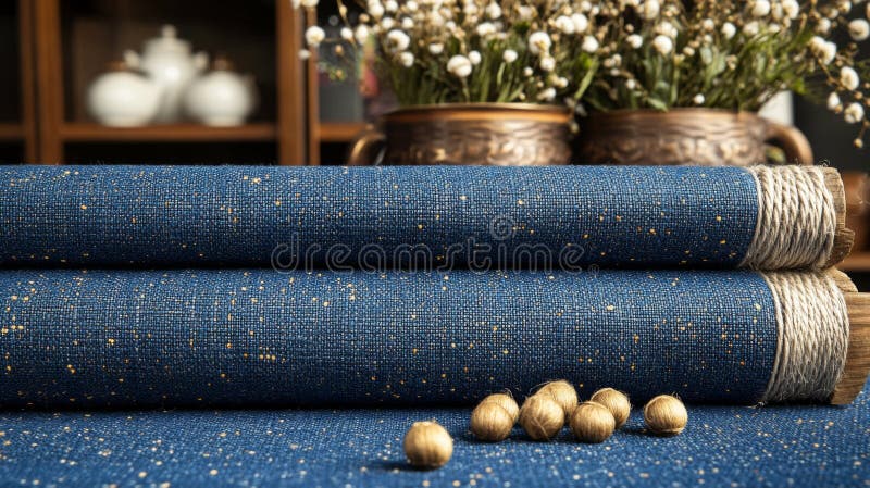 Rolled Blue Fabric with Gold Specks and Twine Stock Illustration ...