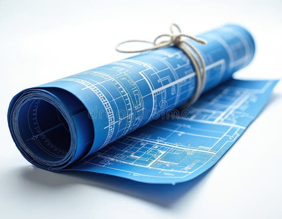 Rolled Blueprint Architectural Plan Tied with String. Detailed Building ...
