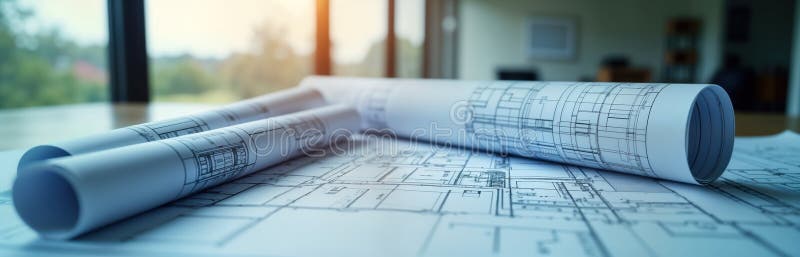 Rolled Blueprint Plans for Building Project on Desk. Detailed ...