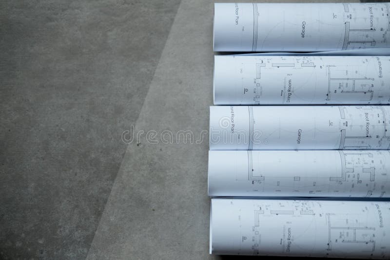 Rolled Blueprints or Architectural Drawing Paper View from a High Angle ...