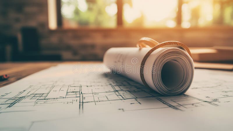 Rolled Blueprints on Desk, Sunlit Office, Architectural Design Stock ...