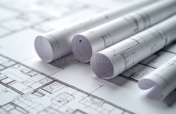Rolled Blueprints with Floor Plan Design on White Paper. Architect ...