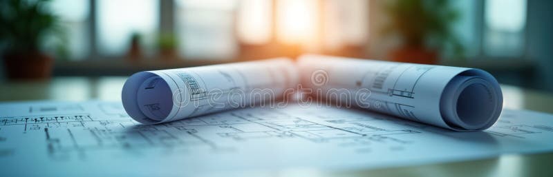 Rolled Blueprints Lie on Table. Detailed Architectural Plans for ...