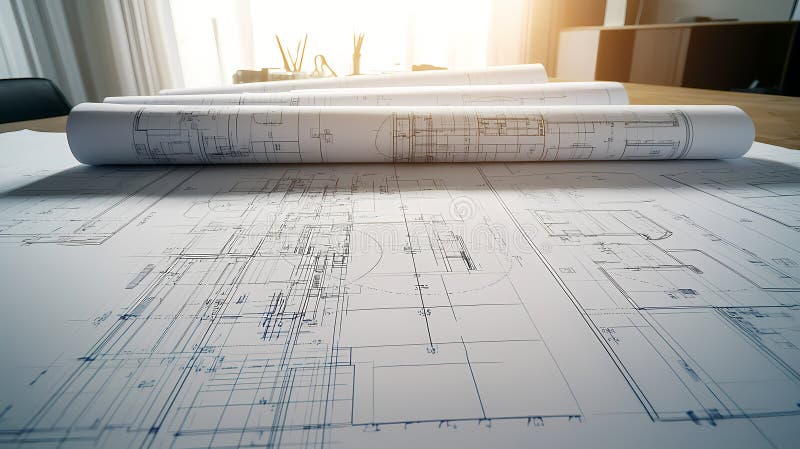 Rolled Blueprints Resting on Architectural Drawings in an Office ...