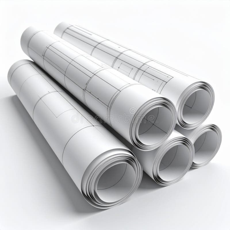 Rolled Blueprints on White Background Stock Illustration - Illustration ...