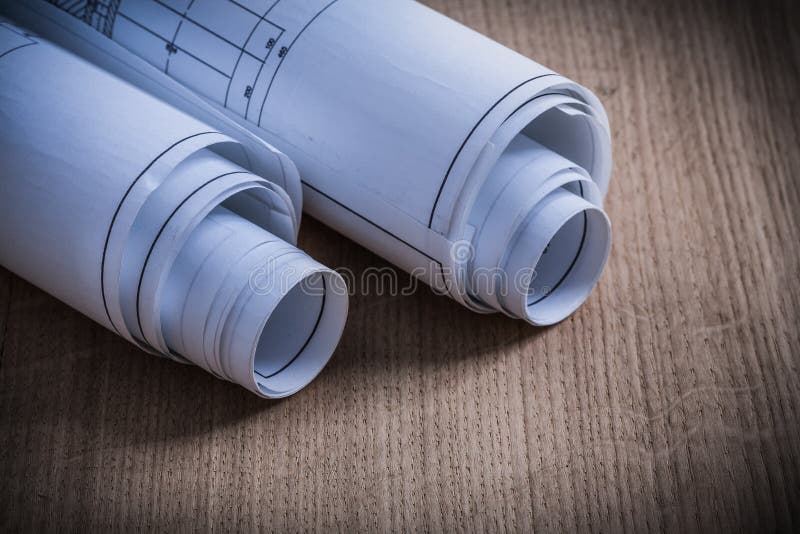 Rolled Blueprints on Wooden Background Horizontal Version Constr Stock ...