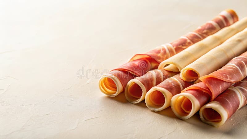 Rolled Cured Meat Slices Arranged on a Textured Surface, a Culinary ...