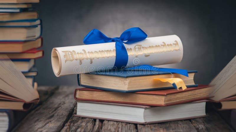 Rolled Diploma with Blue Ribbon Resting on a Stack of Books ...