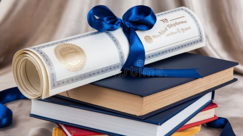 Rolled Diploma with Blue Ribbon Resting on a Stack of Books ...