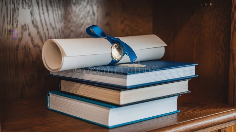 Rolled Diploma with Blue Ribbon Resting on a Stack of Books ...