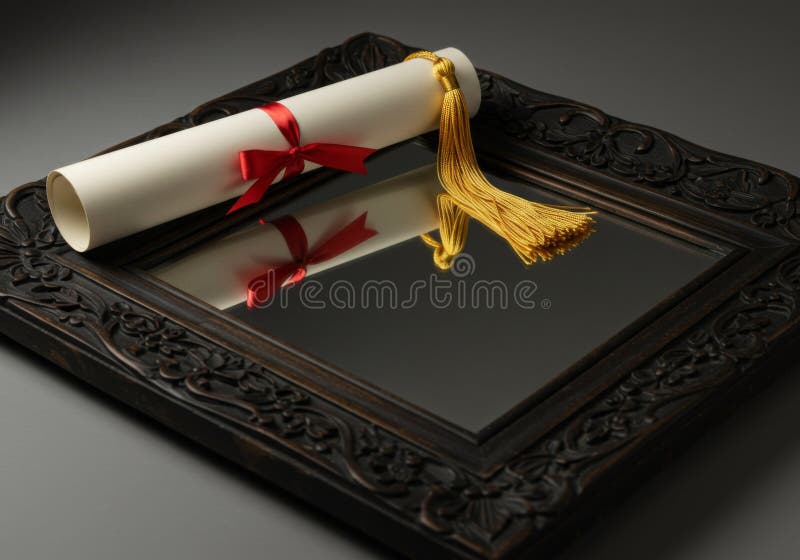Rolled Diploma and Gold Tassel Reflected in Dark Ornate Frame Stock ...