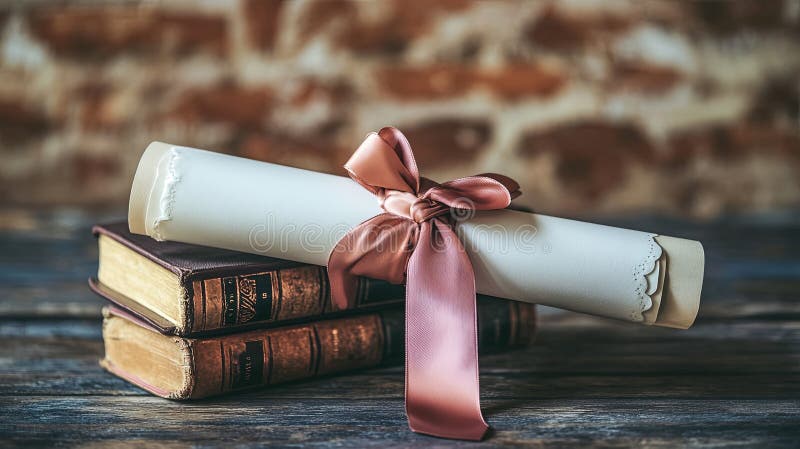 A Rolled Diploma Tied with a Silk Ribbon, Lying Next To a Small Stack ...
