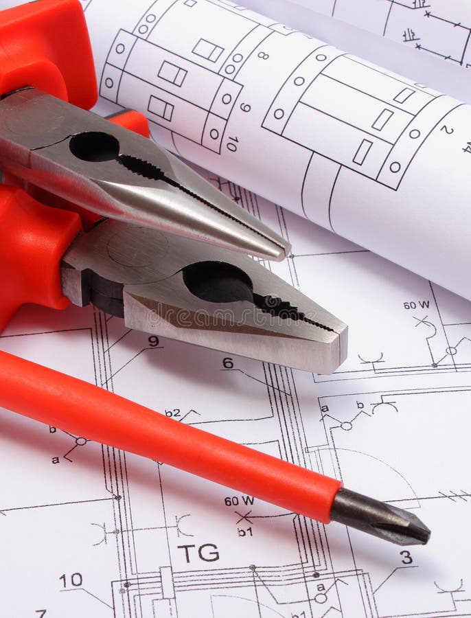 Rolled Electrical Diagrams and Work Tools on Drawing Stock Image ...