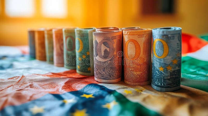 Rolled Euro Banknotes with Italian Flag Background Stock Illustration ...