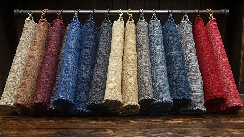 Rolled Fabric Samples Hang Neatly on a Rack Stock Illustration ...