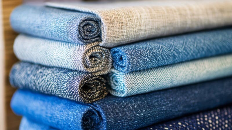 Rolled Fabric Swatches in Various Shades of Blue and Beige Stock ...