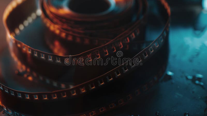 Rolled Film Strip with Visible Perforations Illuminated by Dramatic ...
