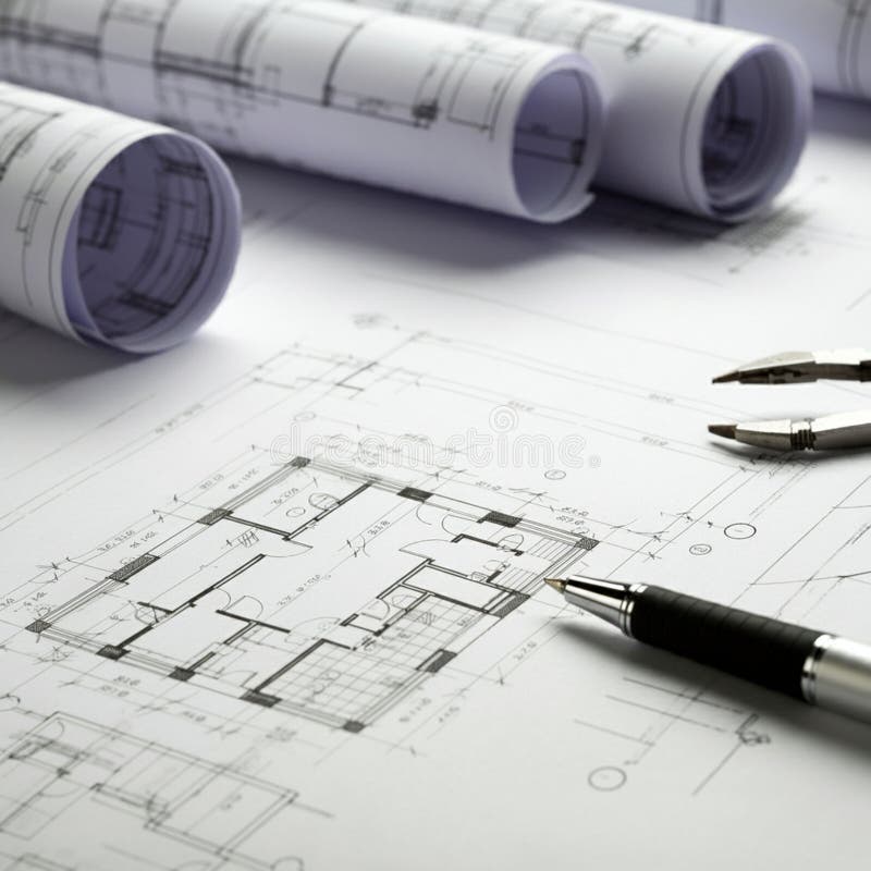 Rolled and Flat Architectural Blueprints are Spread Across a Table. the ...