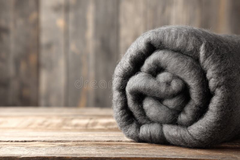 A Rolled Gray Wool Material is Shown in Close-up on a Rustic Wooden ...