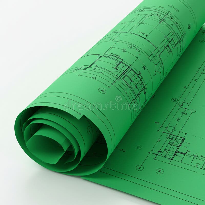Rolled Green Architectural Blueprint Featuring Technical Drawings and ...