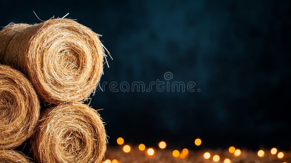 Rolled Hay Bales with Blurred Lights in the Background, Rustic ...