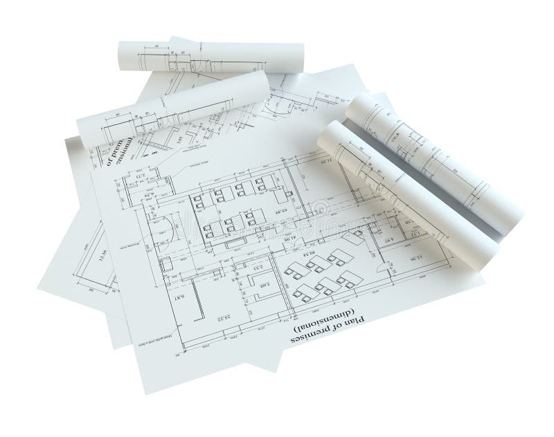 Rolled Architecture Blueprints on Desk Stock Image - Image of plans, technical: 314563225