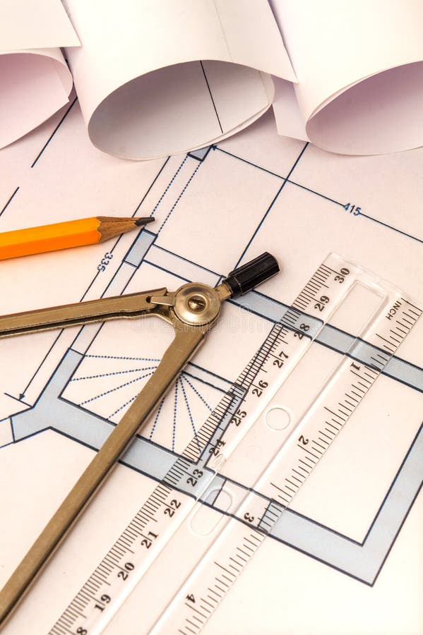 Rolled House Diagrams and Accessories for Drawing Lying on Construction ...