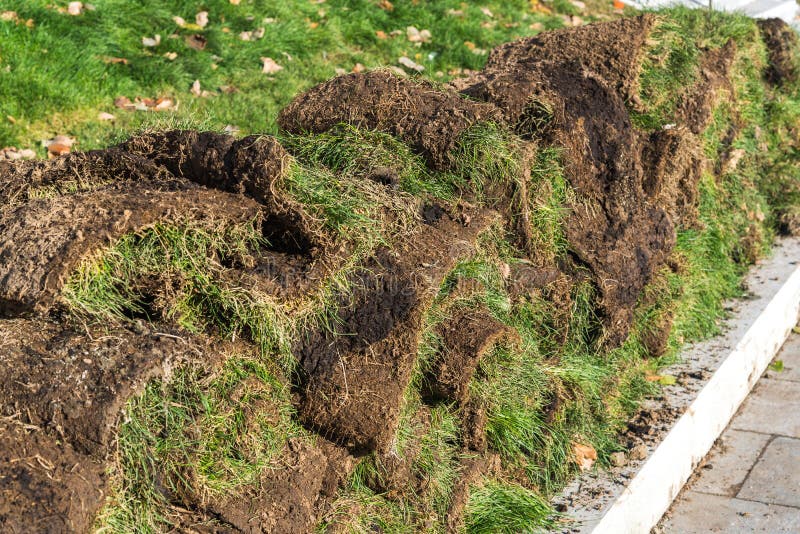 The Rolled Lawn Folded in Stacks on Street Stock Image - Image of ...