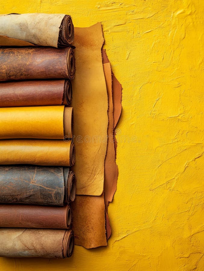 Rolled Leather Sheets on Yellow Textured Surface. Stock Photo - Image ...