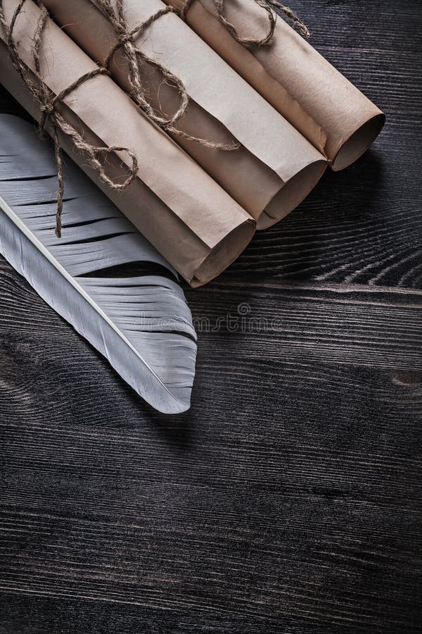 Medieval Quill Pen for Writing in Inkwell from Horn on Wooden Desk ...