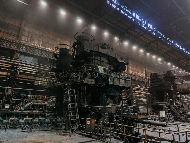 Rolled Metal Factory. Hot Iron Slab Moving on Conveyor of Metal Rolling ...