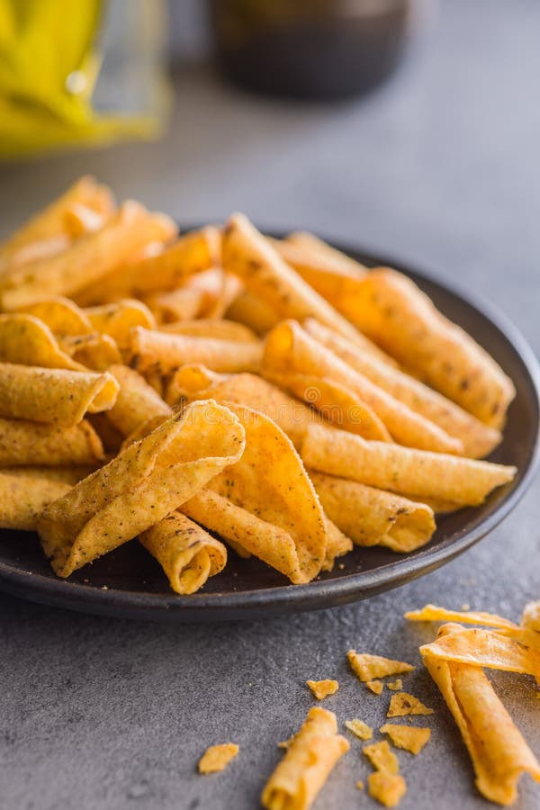 Rolled Nachos Tortilla Chips on Plate on Kitchen Table Stock Photo ...