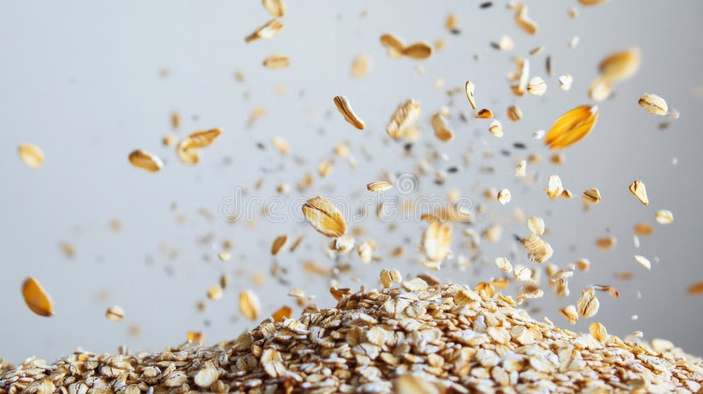 Rolled Oats Falling Onto a Pile Against a Light Grey Background Stock ...