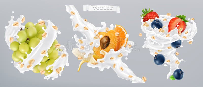 Rolled Oats, Fruits and Milk Splashes. 3d Realistic Vector Icon Stock ... Rolled Oats, Fruits and Milk Splashes. 3d Realistic Vector Icon Stock ...