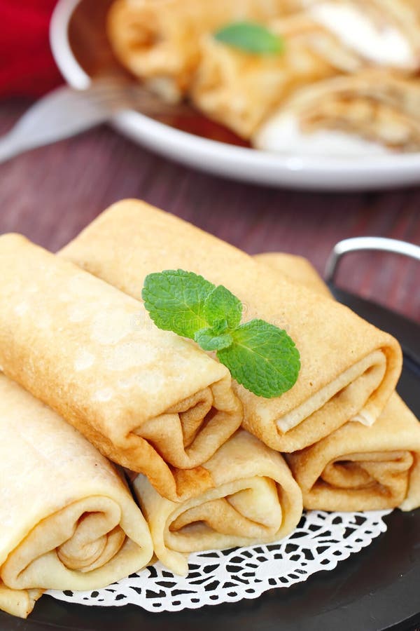 Rolled Pancakes with Cottage Cheese Stock Image - Image of filling ...