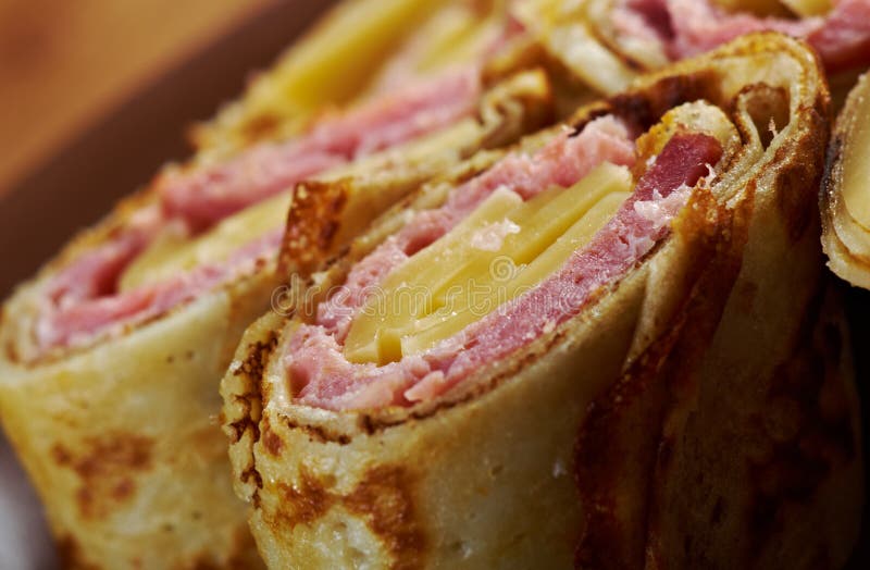 Rolled Pancakes Stuffed Ham and Cheese. Stock Photo - Image of pancake ...