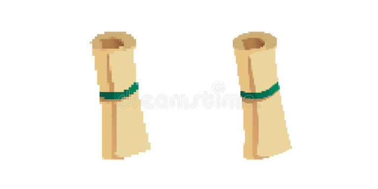 Rolled Paper Scrolls with Green Bands on Blank Surface in Simple Pixel ...