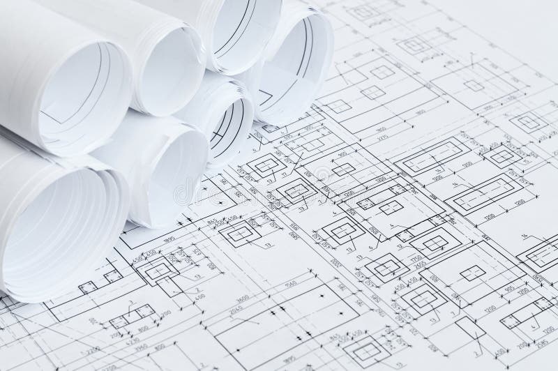 Rolled Papers of Design Drawings Stock Photo - Image of dimensioned ...