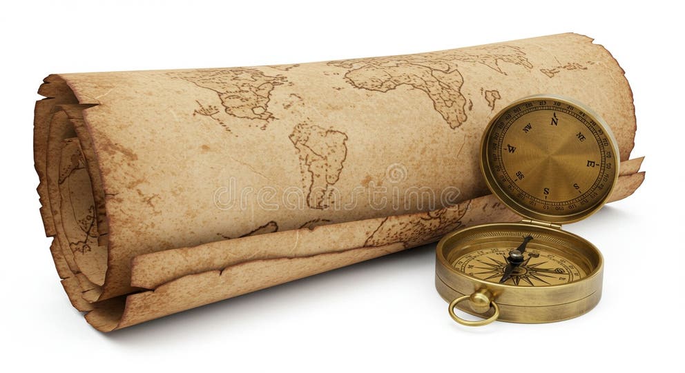 A Rolled Parchment Map with a World Design Resting beside a Brass ...