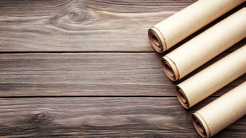 Rolled Parchment Papers on Wood Table, Copy Space Stock Photo - Image ...