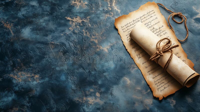 A Rolled Parchment Scroll Sits on a Blue Textured Surface, Featuring ...