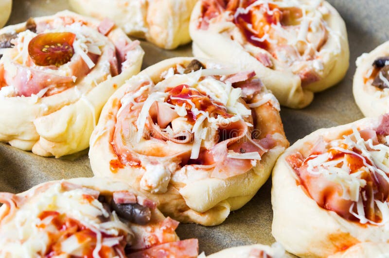 Rolled Pizza Pastry on Baking Paper Stock Image - Image of salami ...