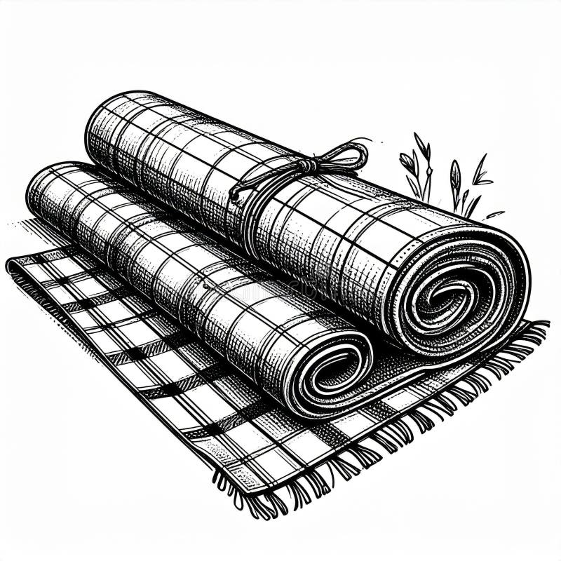 Rolled Plaid Blankets and Mat Line Art Illustration Stock Illustration ...