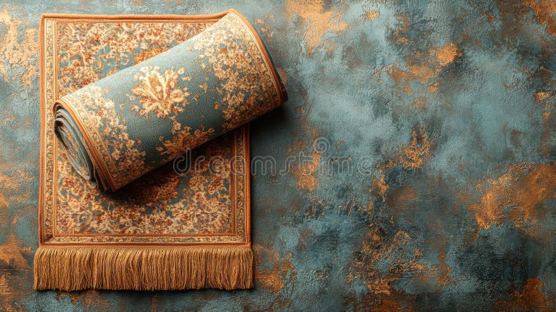 Rolled Rug with Golden Patterns on a Textured Blue Background Stock ...