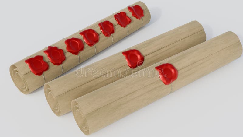 A Rolled Scroll Sealed with Seven Red Wax Seals and Another Scrolls ...