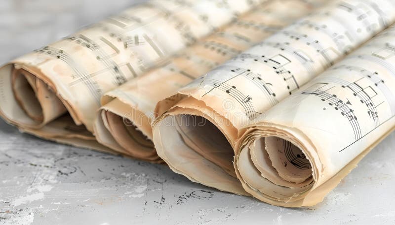 Rolled Sheets with Music Notes on Light Background, Closeup Stock Photo ...