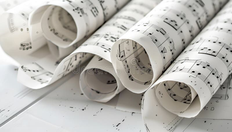Rolled Sheets with Music Notes on Light Background, Closeup Stock Photo ...