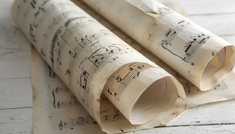 Rolled Sheets with Music Notes on Light Background, Closeup Stock Photo ...